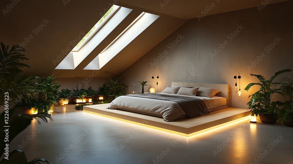 A modern loft bedroom under a sloping roof with skylights allowing ...
