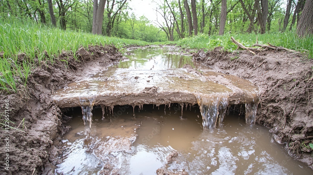 Woodland stream flows under eroded culvert. Nature background ...