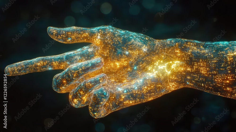 a visual of a close up arm and hand. The arm is built up by futuristic ...