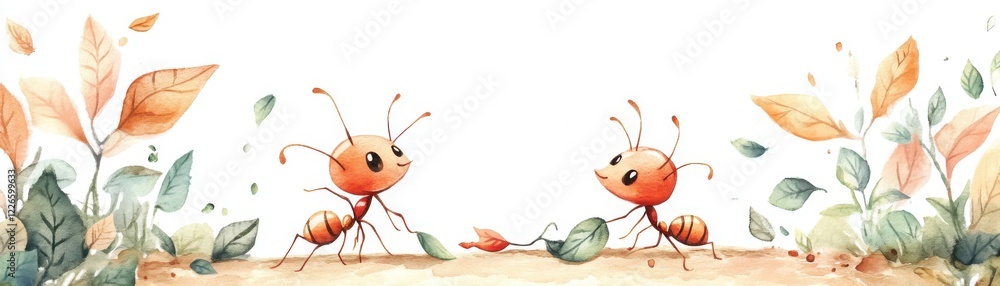 Whimsical illustration of two adorable ants interacting among colorful ...