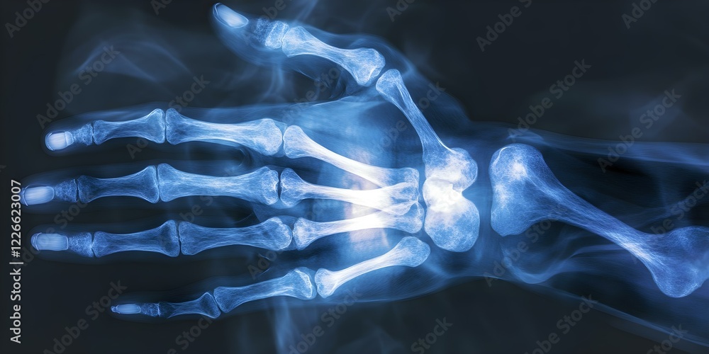 An X-ray image of a human hand showing the skeletal structure and bones ...