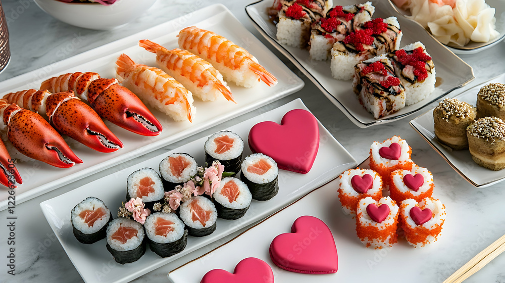 Luxurious Valentine buffet with sushi, lobster tails and heart-shaped ...