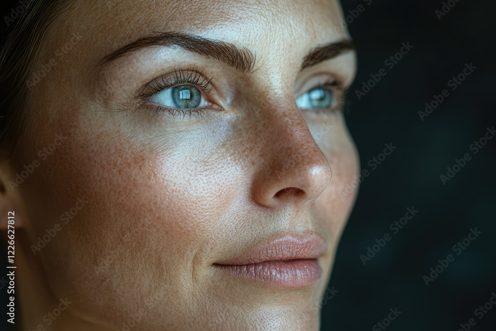 A close-up of a woman’s face showing reduced wrinkles and enhanced ...