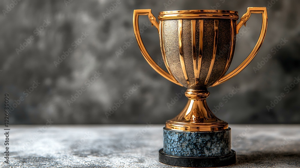 High-resolution photo of a tall gold trophy with bold designs on a ...