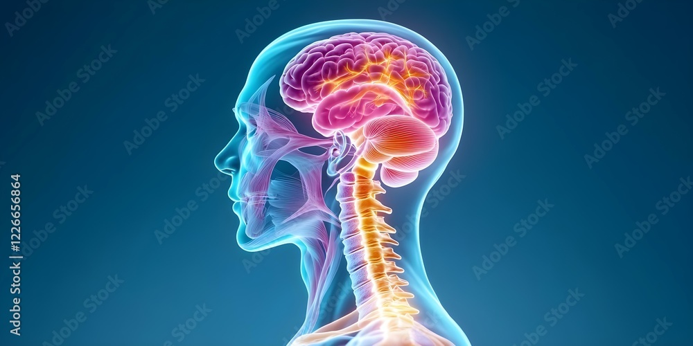 A side view illustration of a human head showing the brain, spinal cord ...
