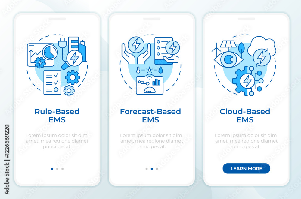EMS types blue onboarding mobile app screen. Energy control ...