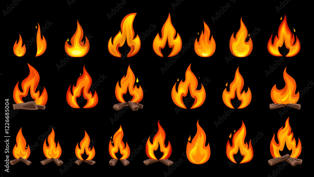 Glossy burning flame of fire 3D icons set. Vector render bonfire or ...