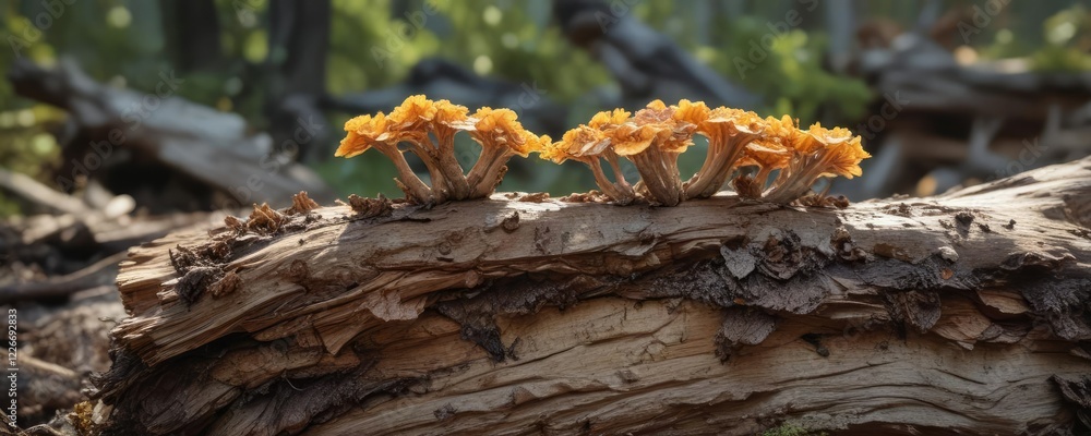 Gloeoporus dichrous bracket fungus growing on a decaying log, bracket ...