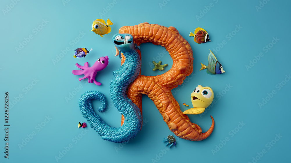 Стоковая иллюстрация «Sea animals in underwater font, letter R as ...