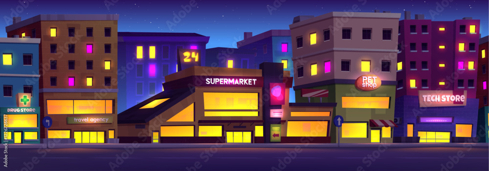 Shopping street night scene - illuminated storefronts with yellow glow ...
