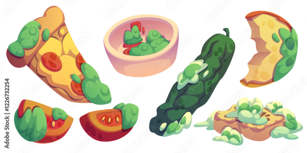 Rotten food collection with moldy pizza slice, spoiled tomato halves ...