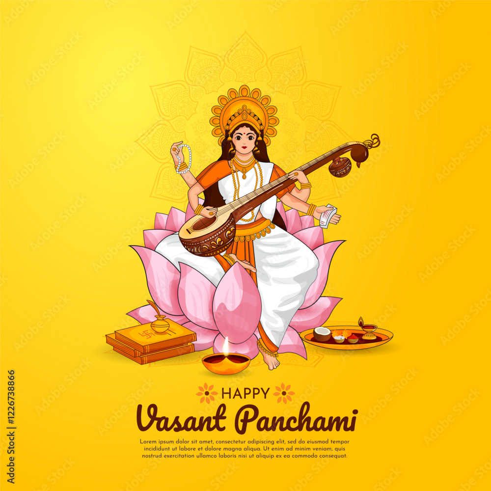 Vector Illustration of goddess Saraswati with Indian musical instrument ...