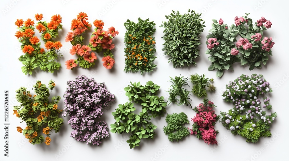 3d model of different types of flowers and shrubs, top view, white ...