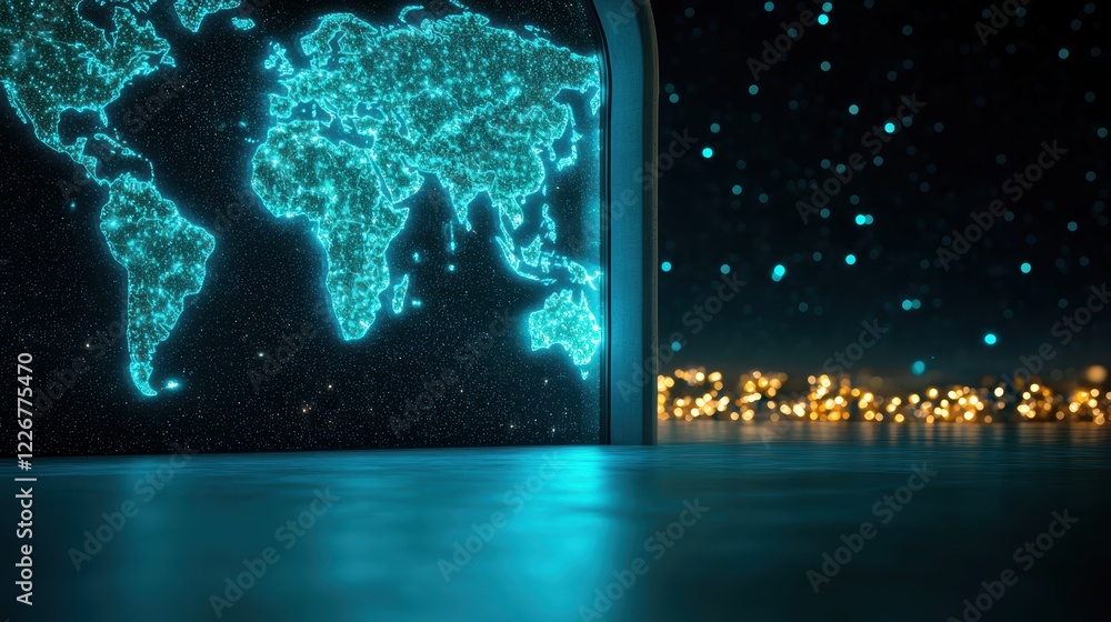 World Map Futuristic 3D Interface Futuristic control room with a large 3D world map display ...