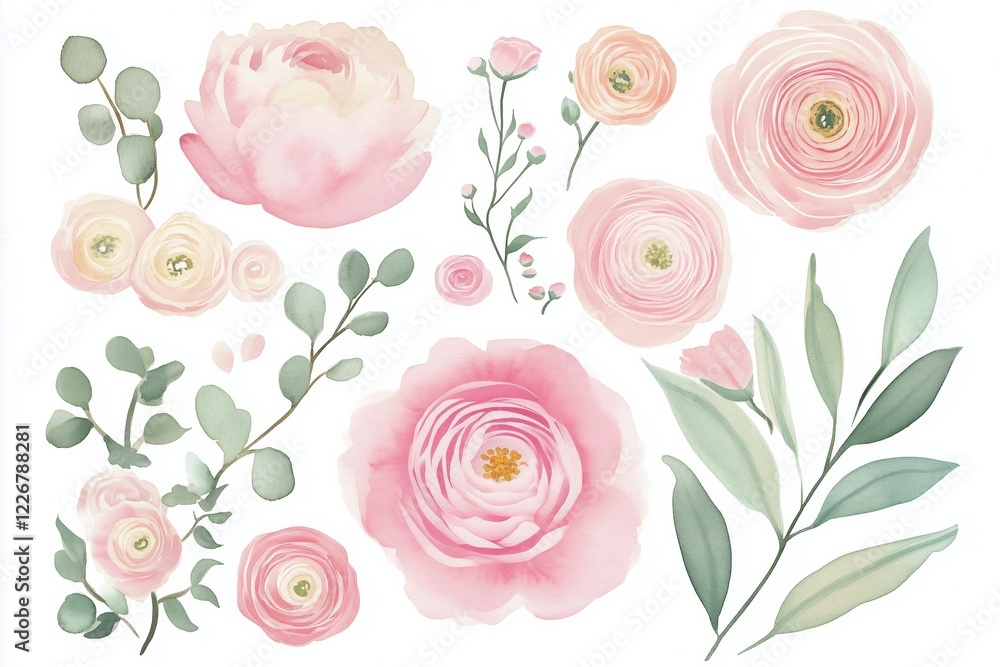 Watercolor pink wedding peonies and ranunculus flowers DIY individual element. Hand painted ...