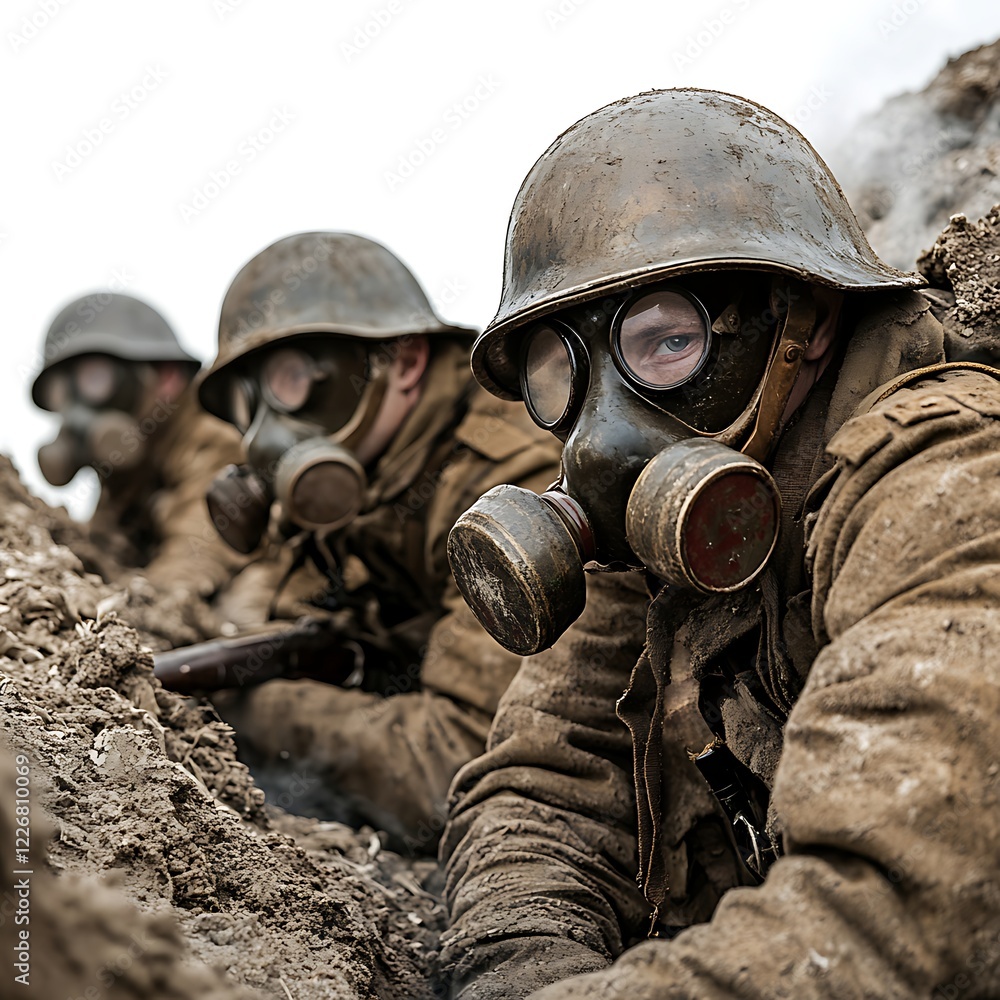 World War I Soldiers in Trench: A dramatic close-up depicts three soldiers in World War I attire ...