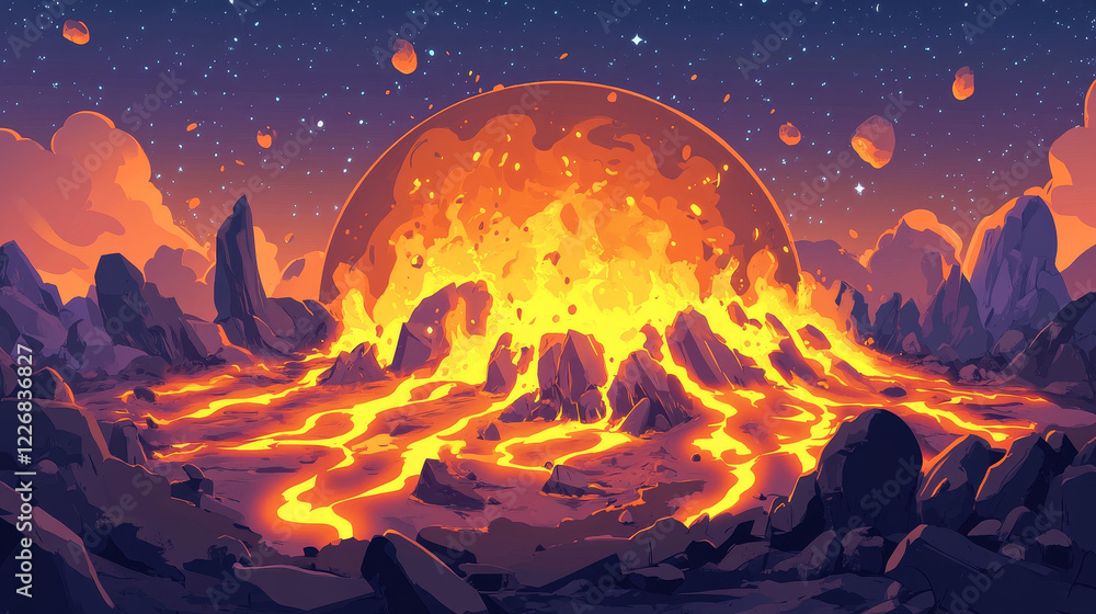 Cartoon space planet with lava and fire oceans. Proto-Earth, far galaxy solar system planet or ...