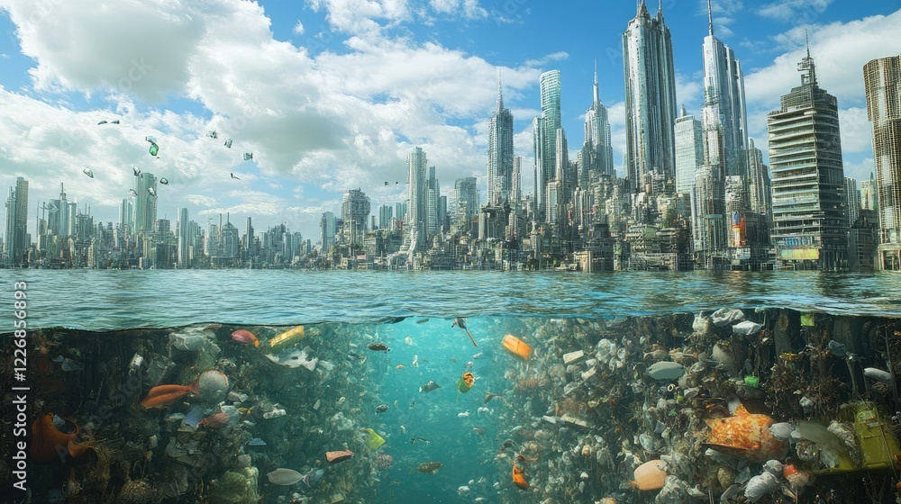 Polluted waters full of plastics flow beneath a horizon of futuristic ...