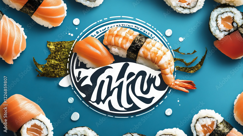 Japanese sushi label for asian food restaurant menu design. Seafood ...