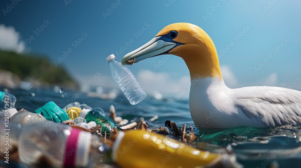 Gannet Bird in Ocean with Plastic Pollution Environmental Conservation ...