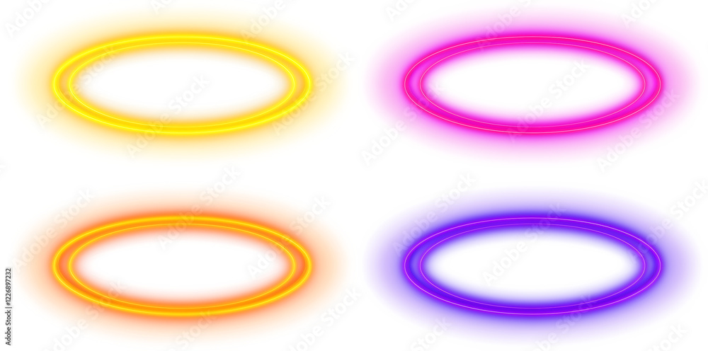 Colorful shiny neon oval ring frames glowing on transparent background ...