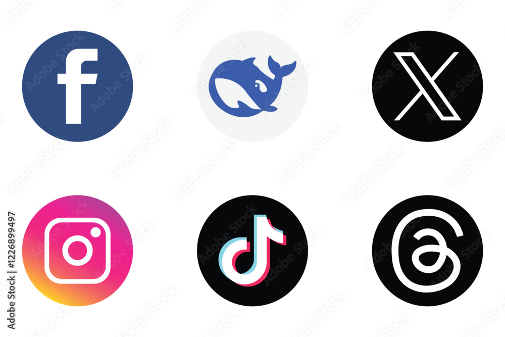 set of popular social media icons 2025, facebook, Deepseek, instagram, youtube, tiktok... Stock ...
