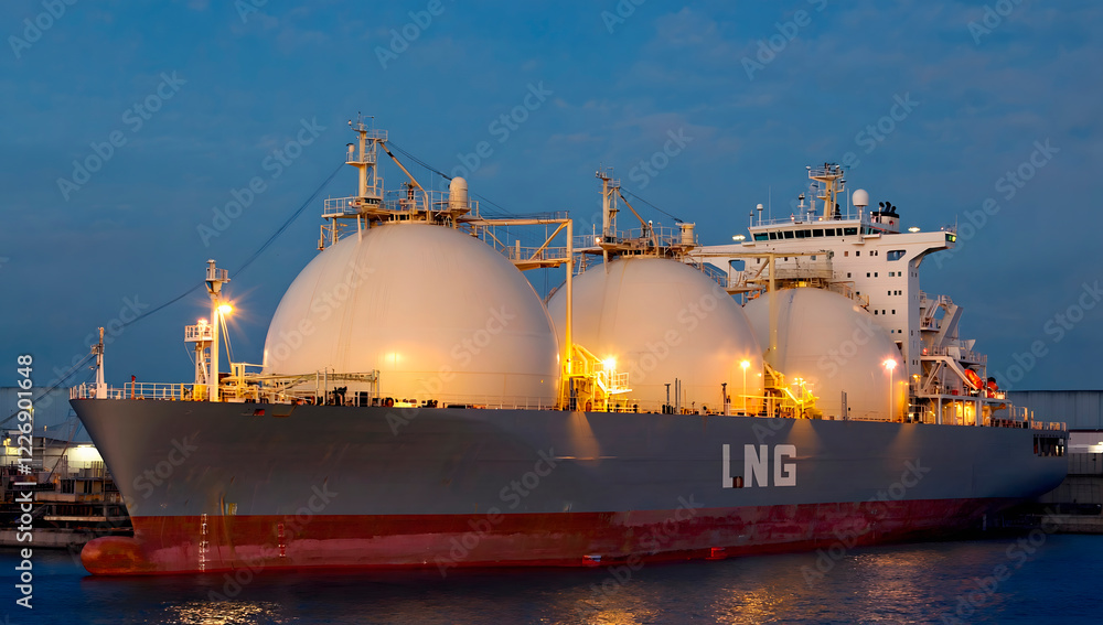 Stern port side view of an LNG carrier moving along the strait. Stock ...