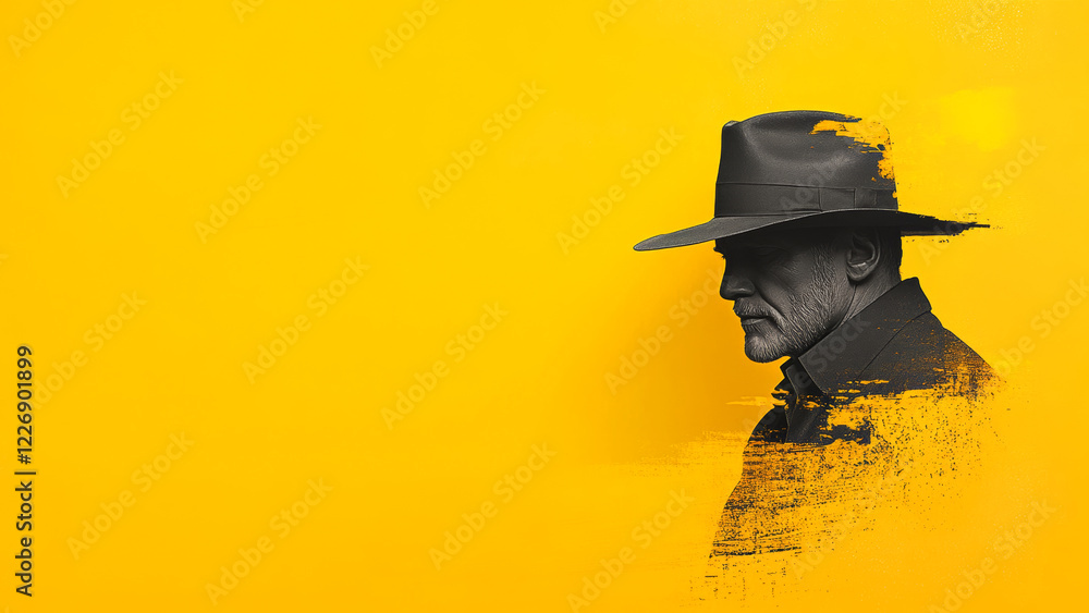 Distorted profile portrait of a mature man wearing a hat and trench ...