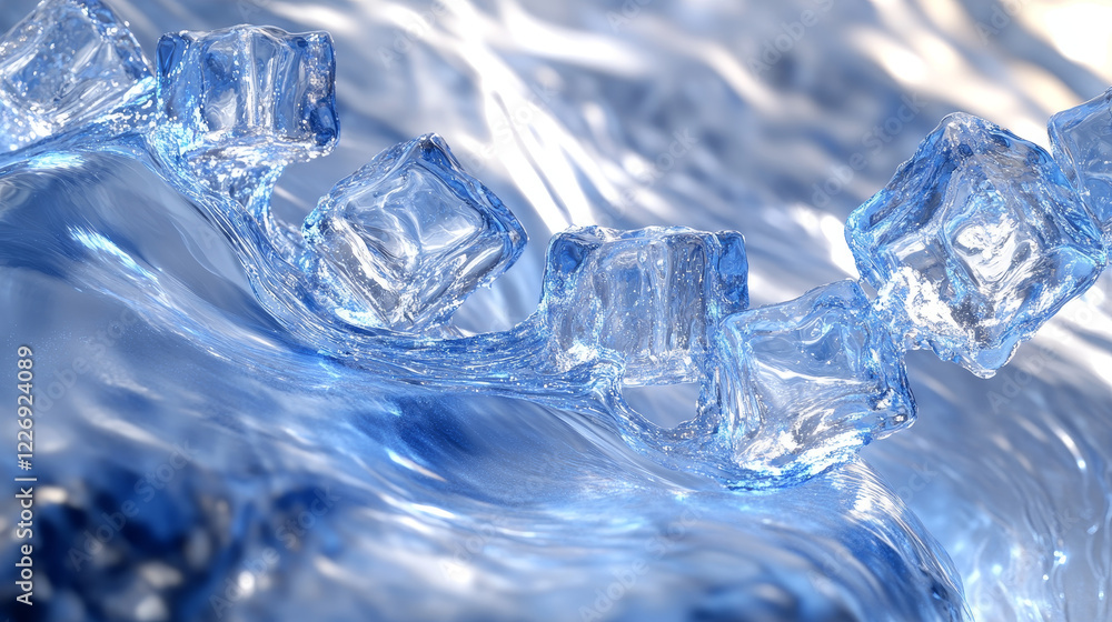 Ice cubes in blue water wave splash. Transparent water and frozen ice ...