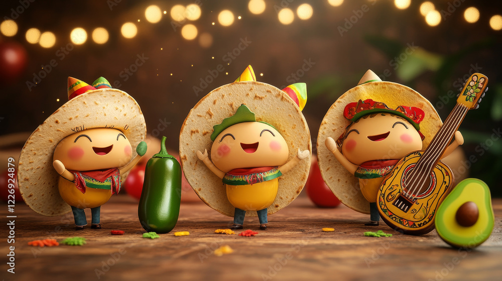 Mexican fiesta party with cartoon funny mariachi food characters ...