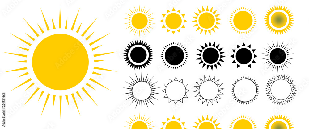 Sun icon set. Yellow sun icons. Shine sun ray set. Sunset icon ...