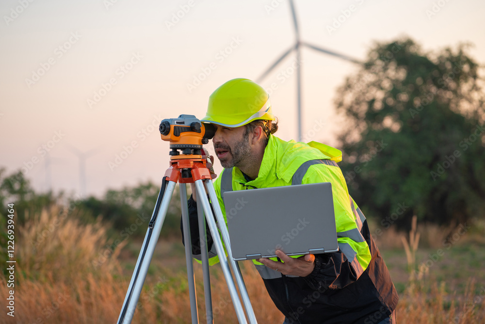 Engineer with laptop survey work in wind turbine farms rotation to ...