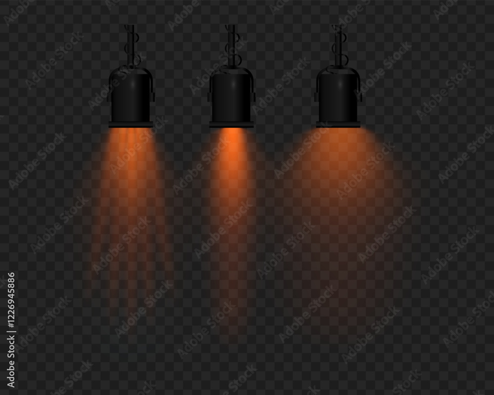 Realistic vector hanging lamps with orange light on a transparent ...
