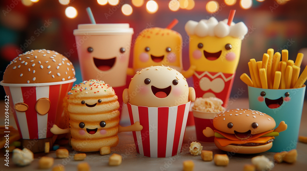 Take away food cartoon characters with happy smiling faces depicting ...