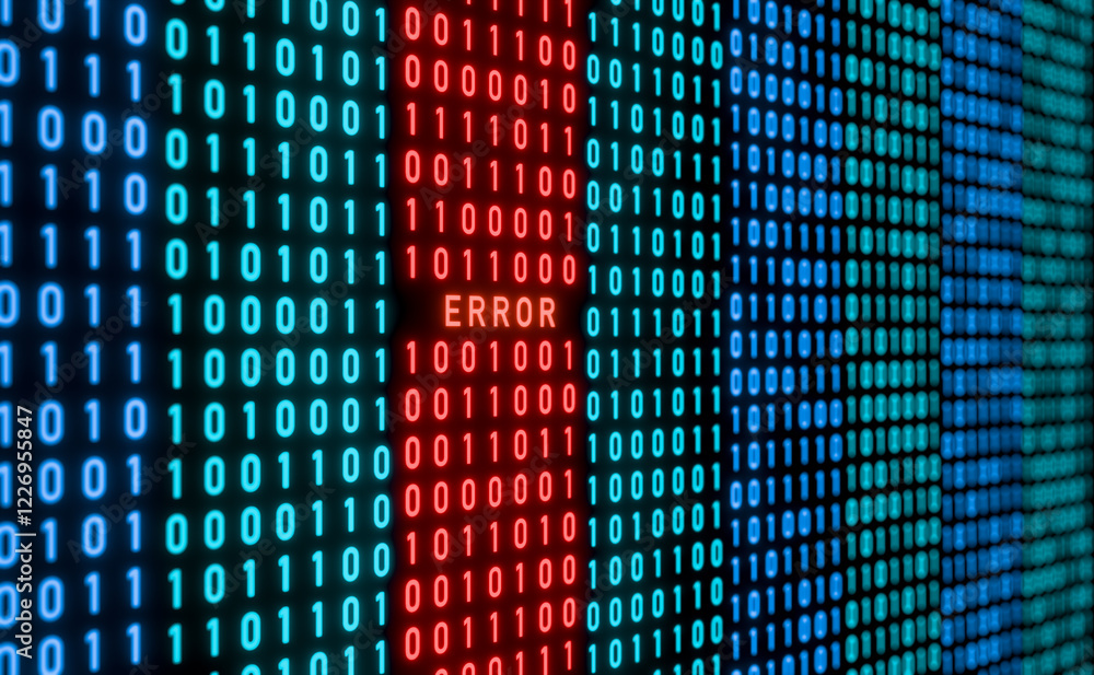 Ilustración de Stock Error warning sign, binary code with red signal, system malfunction. Zero ...