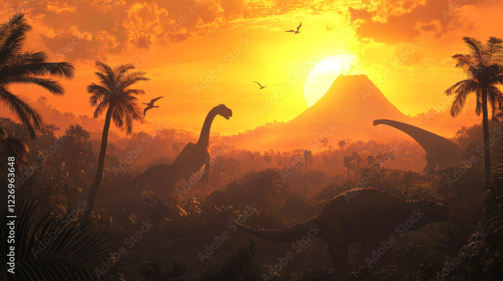 Dinosaurs silhouettes on sunset landscape of prehistoric Jurassic era ...