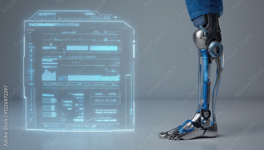 Advanced bionic prosthetic leg standing next to a holographic display ...