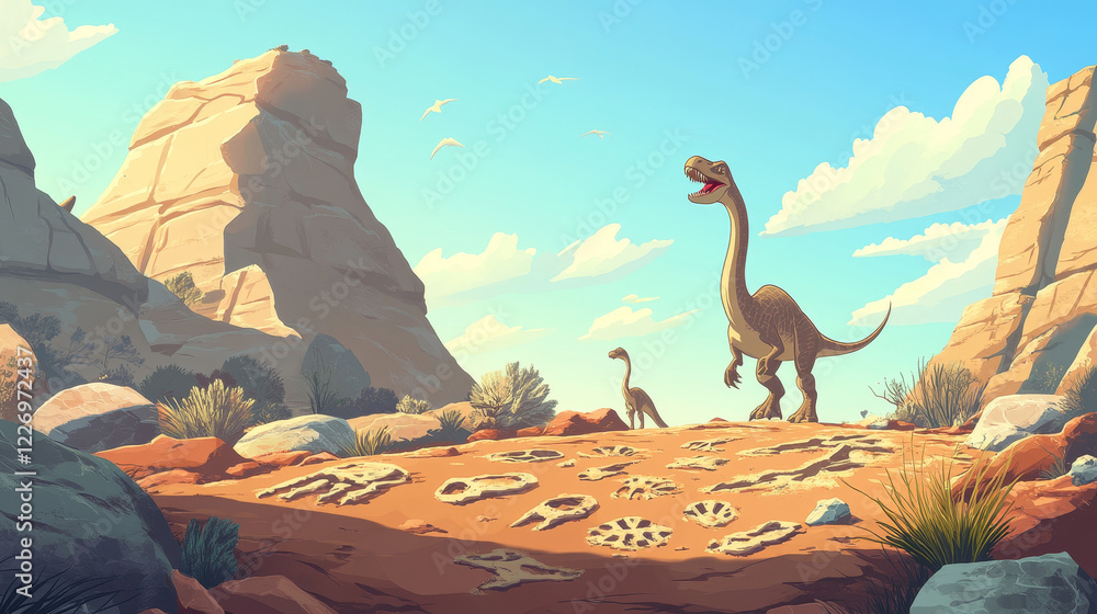 Dinosaur fossil bones in stones or dino skeleton imprints, cartoon ...