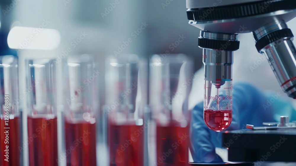 Medical lab technician analyzing blood sample under microscope ...