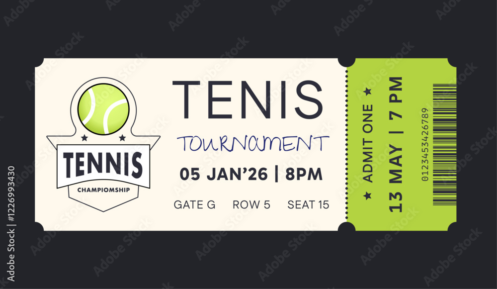 Tennis torn-off ticket template. Vector illustration of entrance ticket ...