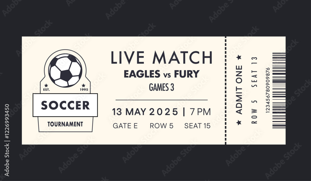 Soccer torn-off ticket template. Vector illustration of entrance ticket ...