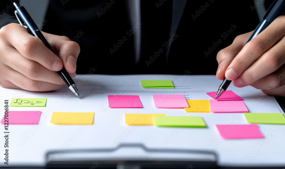 Business professional organizing colorful sticky notes and writing ...