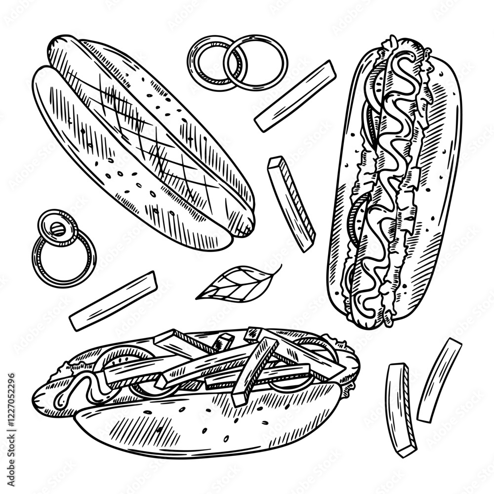 Hot Dog sketch. Vector set of street food. fast food classic and with ...