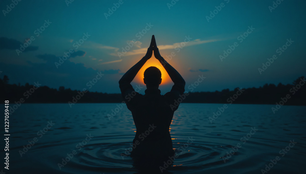 Silhouette Performing Namaste in Ganga River at Brahm Muhurt with ...