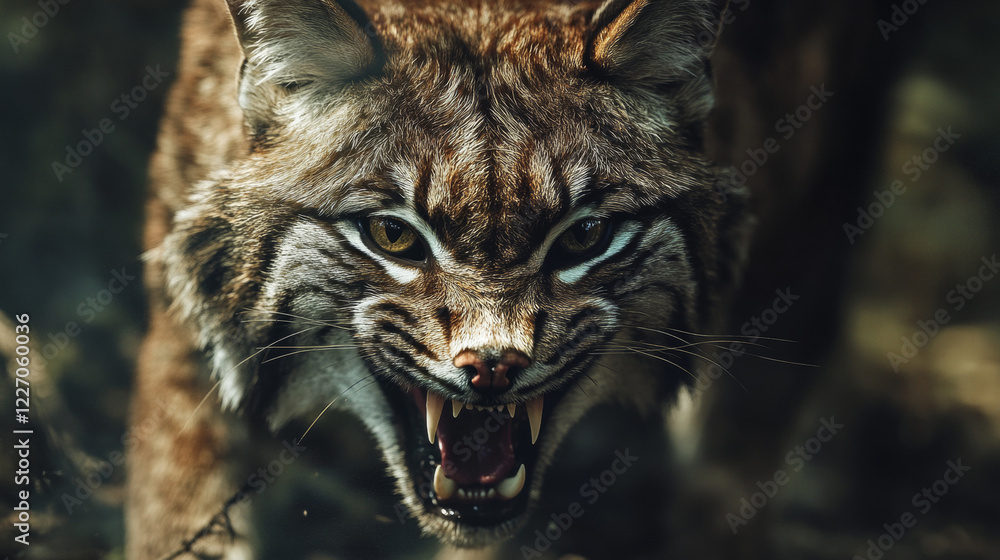 Cartoon illustration of the head of a snarling bobcat facing forwards ...