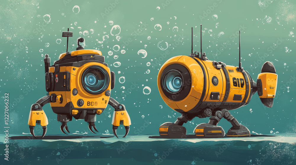 Underwater robot and ROV cartoon characters. Vector robot bathyscaphe ...