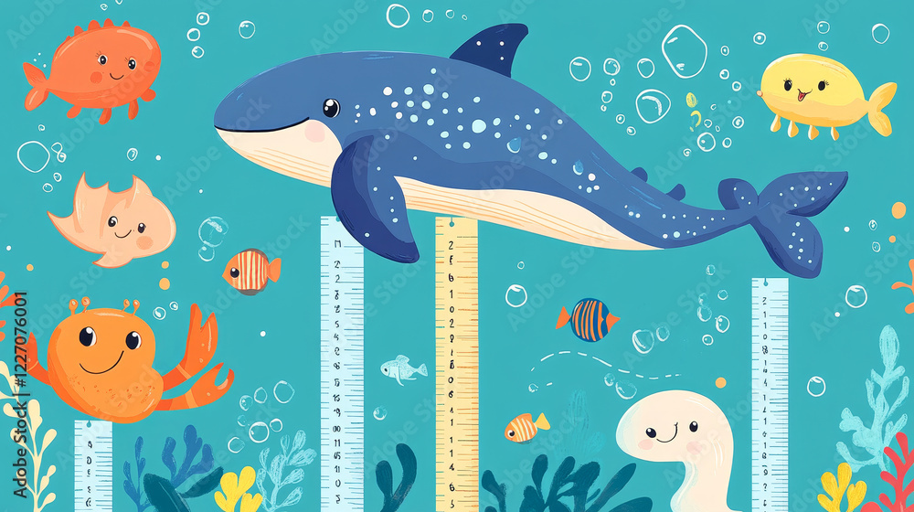Kids height chart with funny cute sea animals. Vector growth meter ...