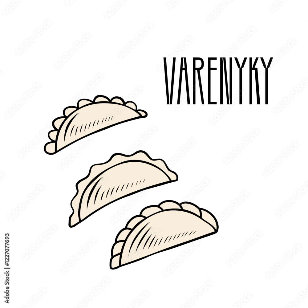 Hand-drawn plate of dumplings. Traditional Ukrainian dishes, varenyky ...