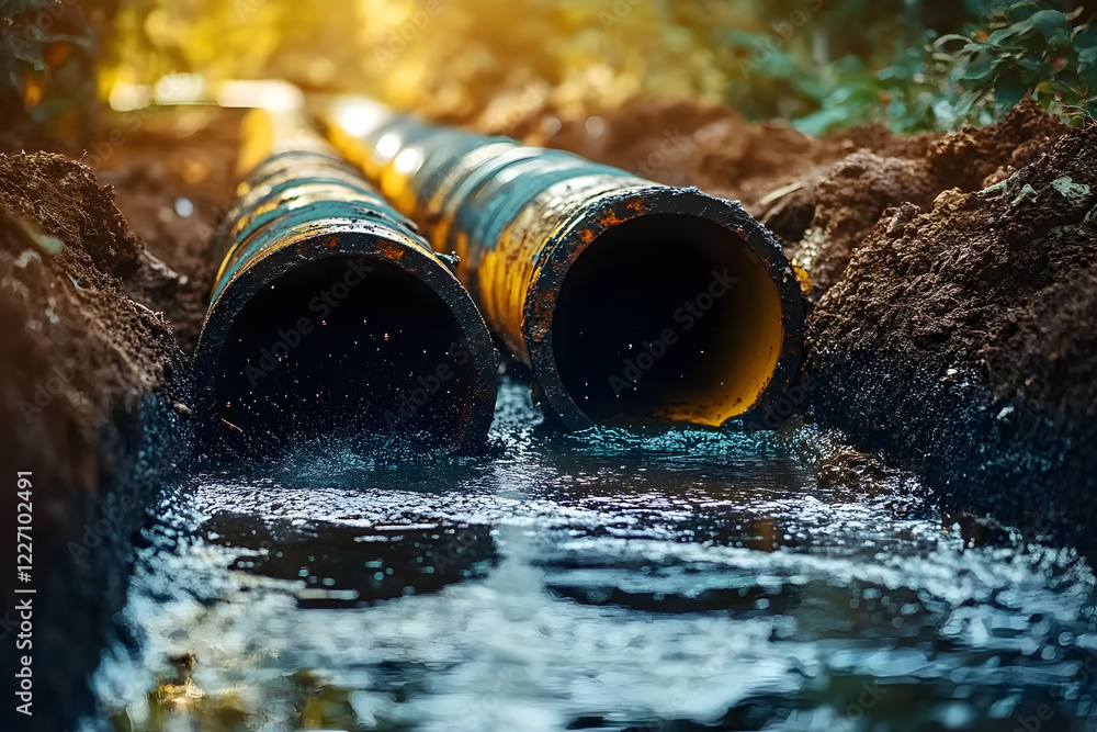 Pipe in the drainage pit. Pumping out sewage from a septic tank. Septic ...