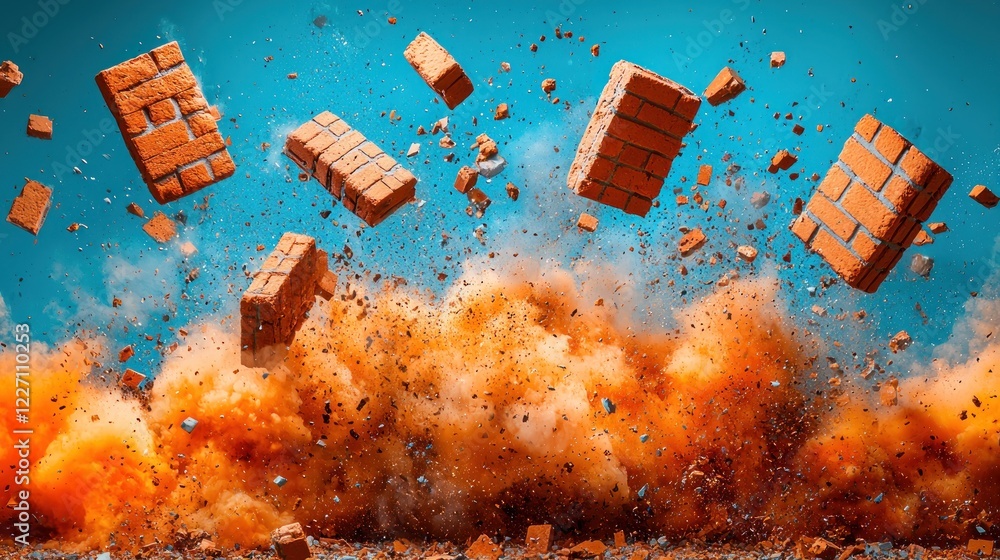 Bricks flying from ground explosion, sky background; use for demolition ...